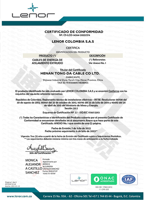 Certificates - Henan Tong-Da Cable Co ., Ltd