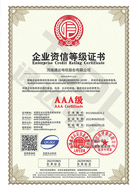 Qualification Honor - Henan Tong-Da Cable Co ., Ltd